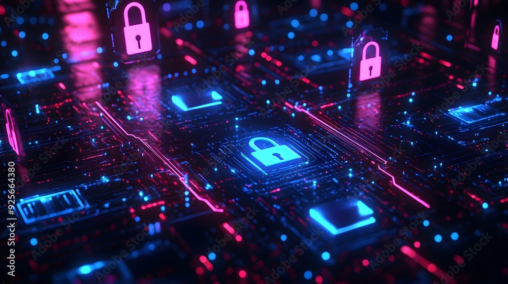 Futuristic cybersecurity interface, holographic digital landscape, floating lock icons, glowing ...