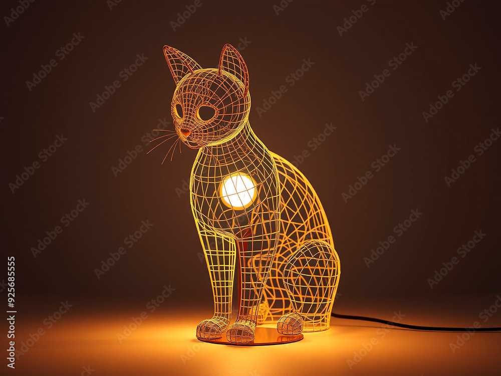 hyper-realistic image of an cat shaped lamp with intricate wireframe ...