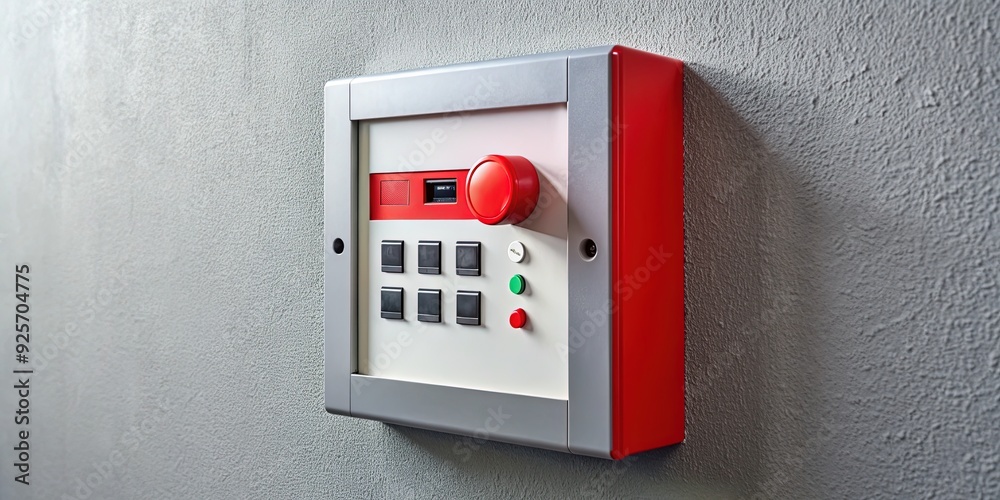 Modern fire alarm control panel with flashing lights and buttons ...