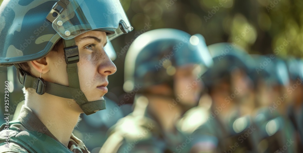 Closeup of soldiers in uniform and helmets marching during military ...