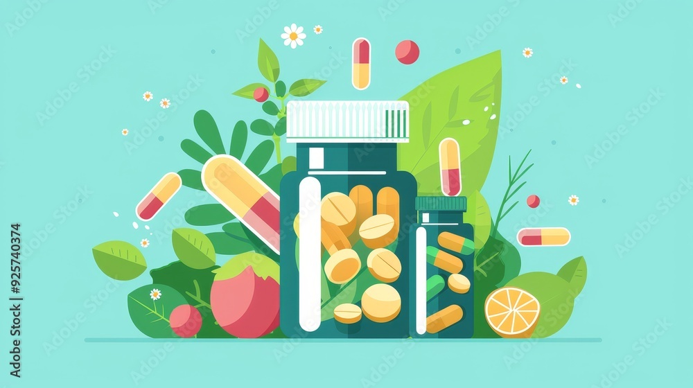 Colorful illustration of vitamin bottles and pills with natural ...