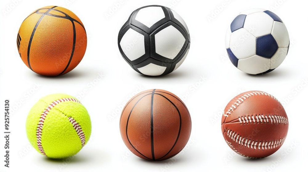 4 various different sports balls, rugby ball, basketball, soccer ball ...