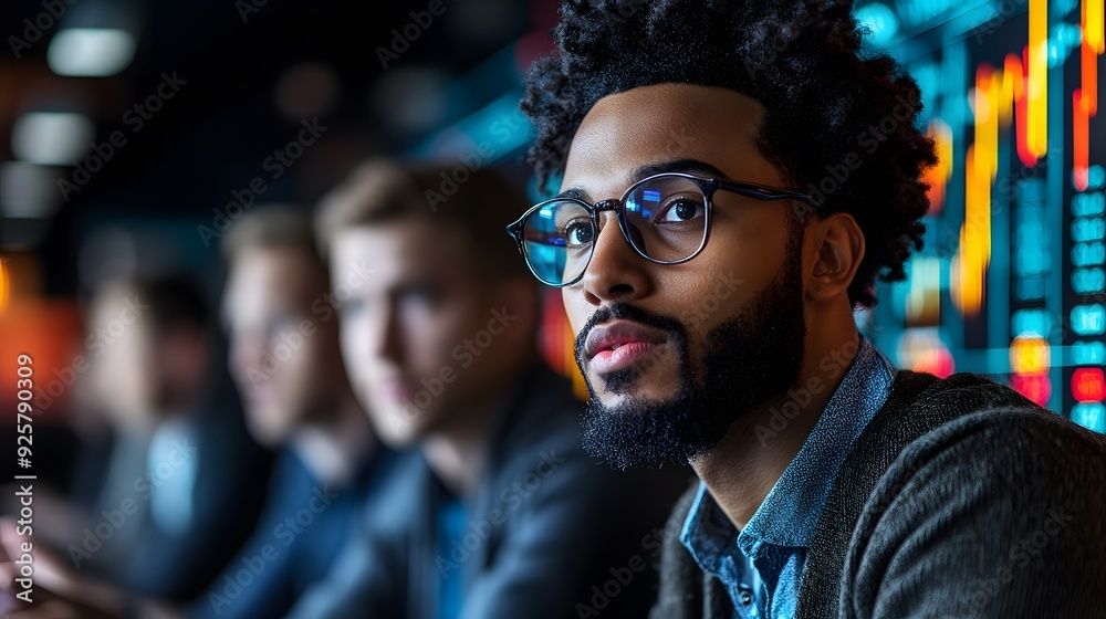 Group of data analysts discussing benchmarking data, with a high ...