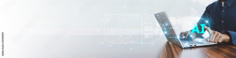 Closeup hand using computer laptop with futuristic digital interface ...