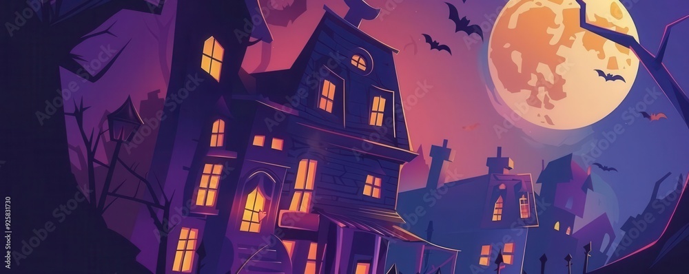 Creepy isometric haunted house at night with bats and full moon flat ...
