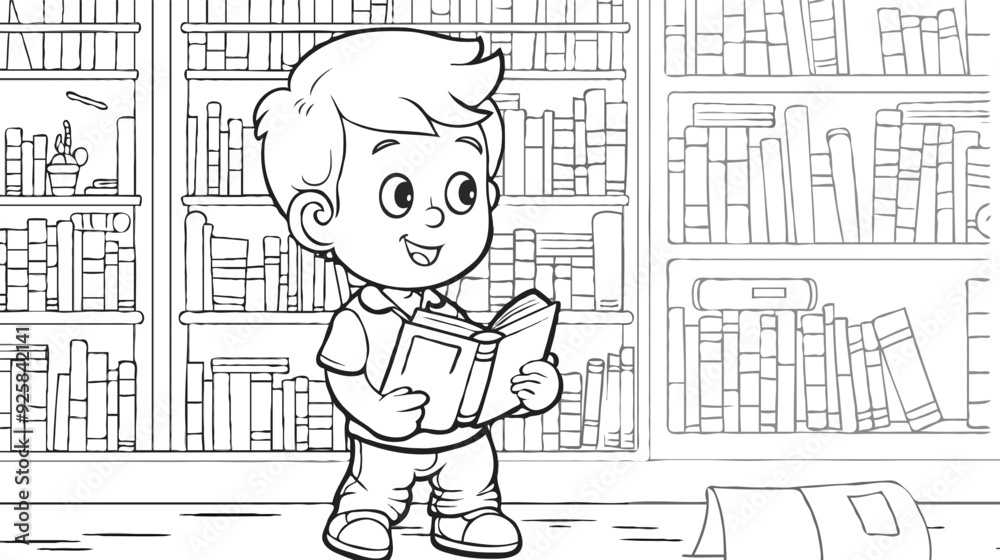 coloring page simple drawing of cartoon character reading a book in ...