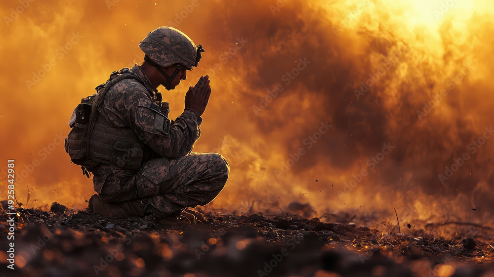 soldier kneeling in prayer amidstdramatic, fiery backdrop ...