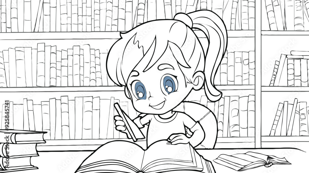 coloring page simple drawing of cartoon character reading a book in ...