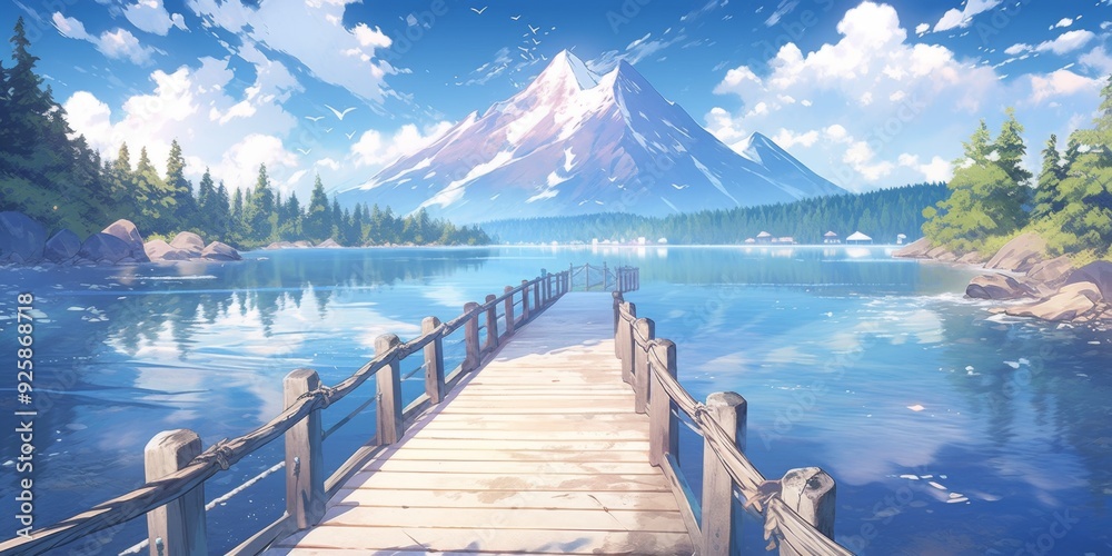 Lakeside Promenade with a Stunning Mountain View: An Anime-Style ...