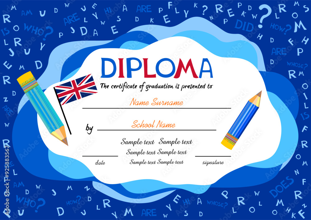 Certificate template for english award with alphabets in background ...