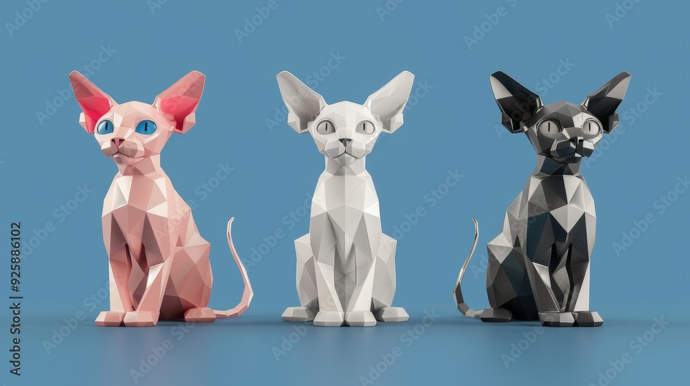 Three low-poly sphynx cat models in different colors against a blue ...