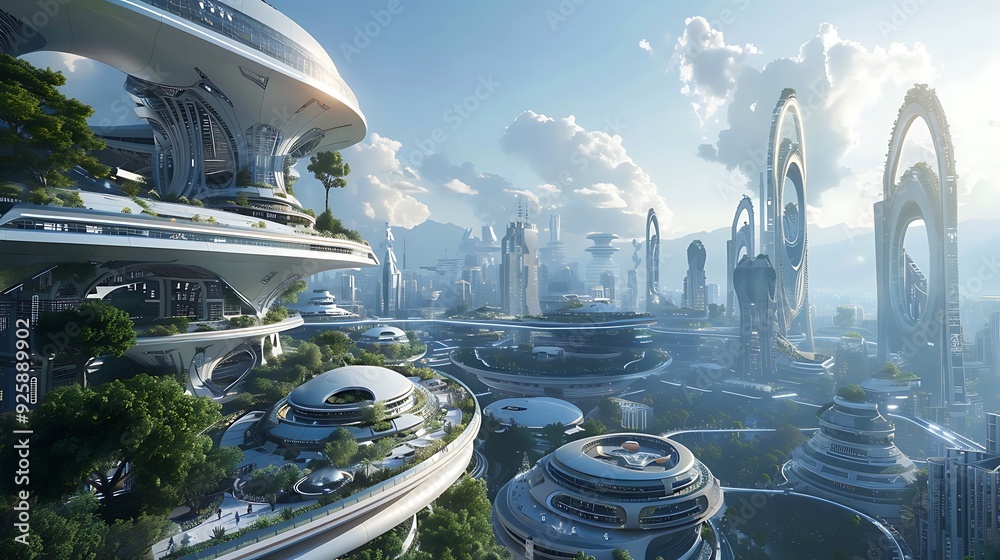 A panoramic view of the city skyline in the 2060s, fully integrated ...