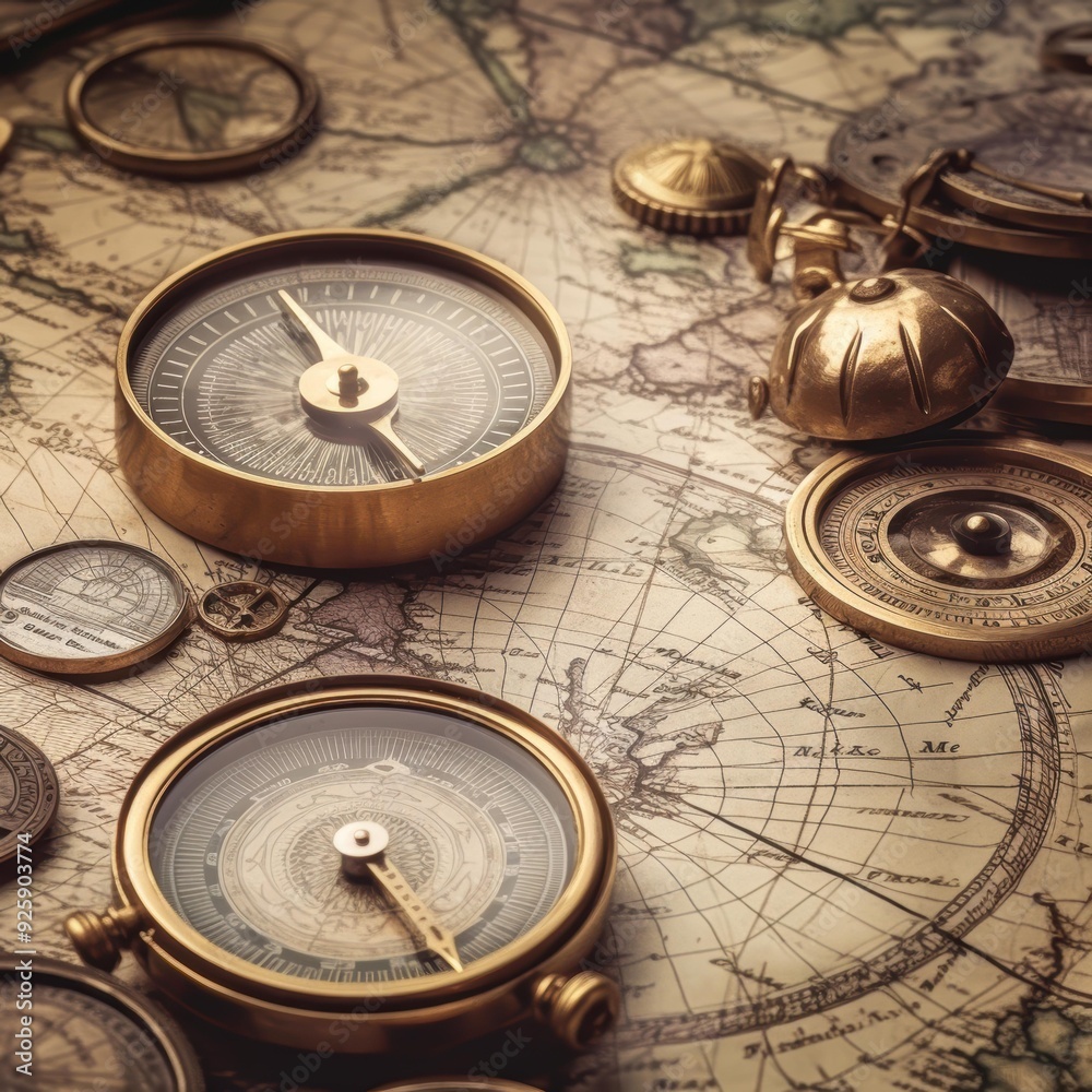 Antique brass compasses rest on a vintage world map, evoking exploration and navigation themes ...