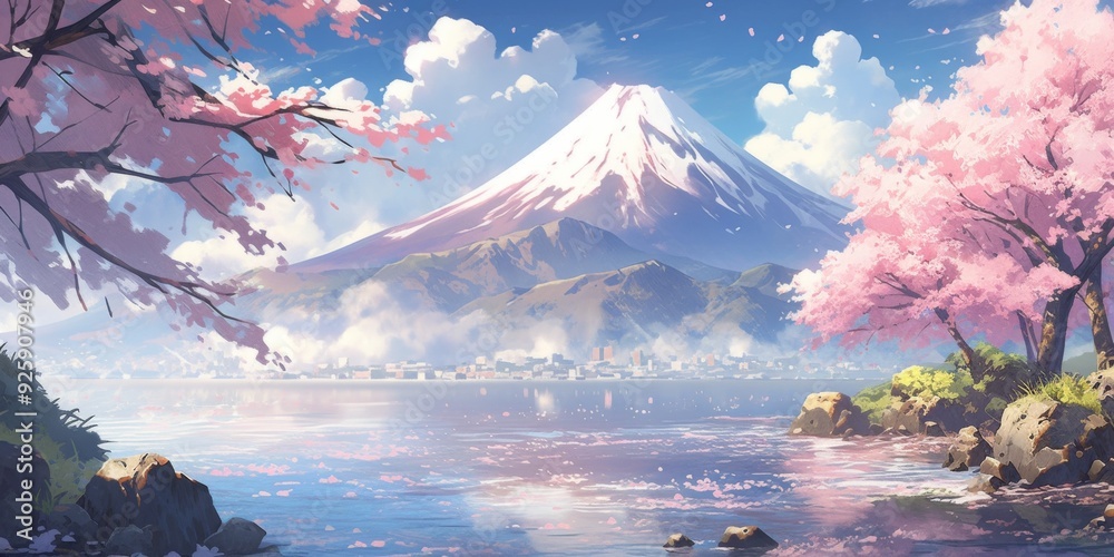 Enchanting Anime-Style Pink Mount Fuji Wallpaper: A Cherry Blossom ...