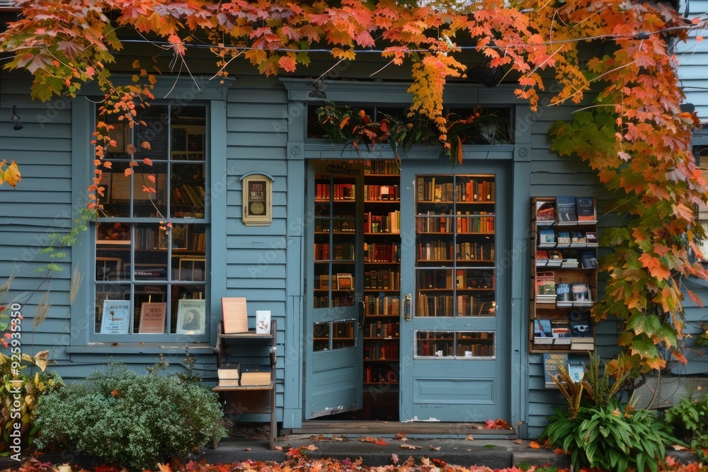 A Bookstore Entrance Adorned with Autumn Leaves Stock Photo | Adobe Stock