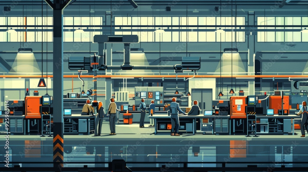 Cartoon vector illustration of a factory floor with workers ...
