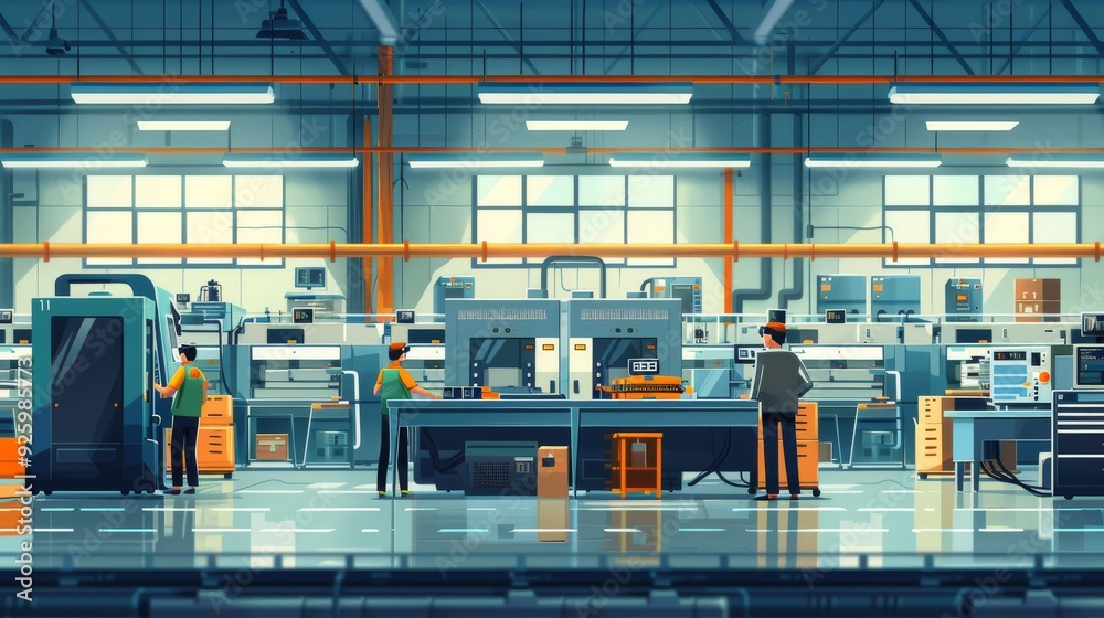 Cartoon vector illustration of a factory floor with workers ... Cartoon vector illustration of a factory floor with workers ...