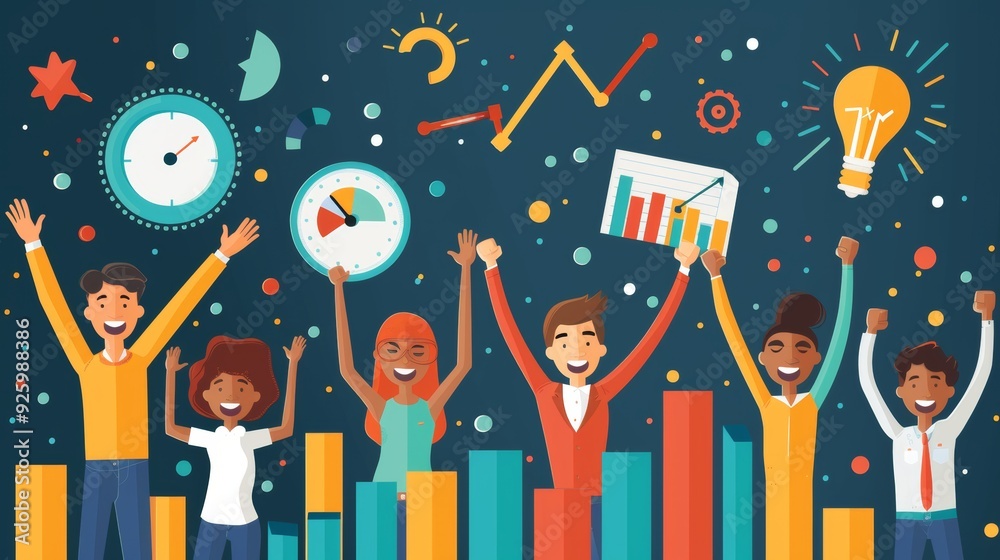 Whimsical cartoon vector of a team celebrating a successful project ...