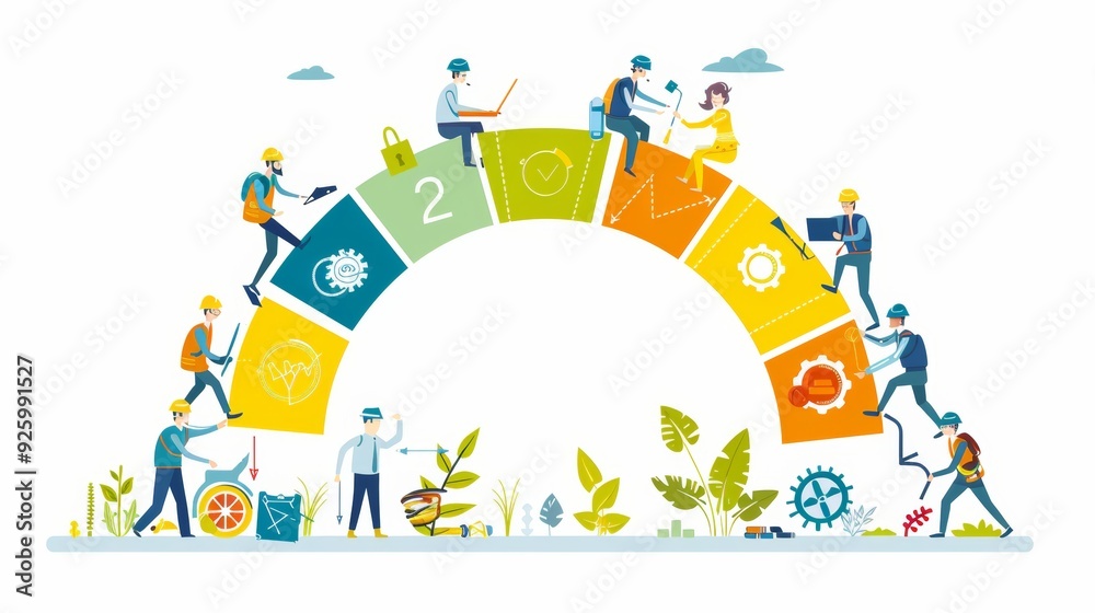 Engaging vector graphic of a continuous improvement cycle, with cartoon ...