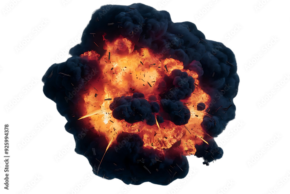 Realistic explosion with fiery flames and thick black smoke, radiating intense heat and flying ...