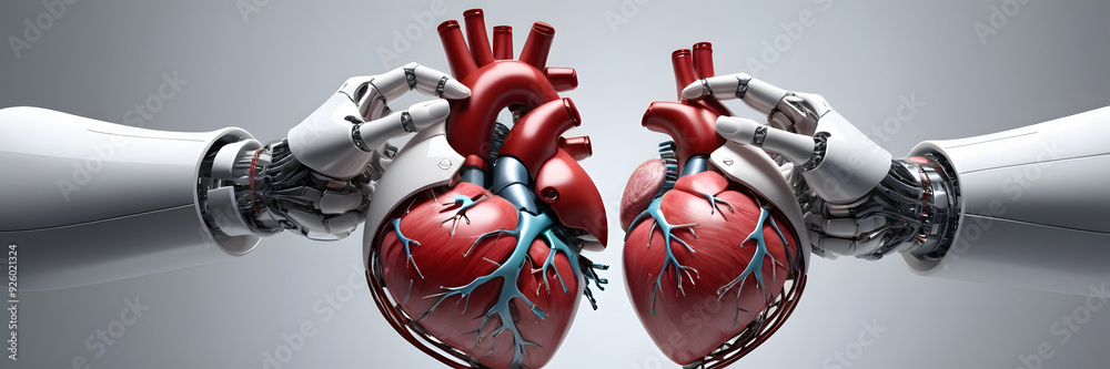 AI-powered robotic hands holding a 3D model of a human heart, modern ...