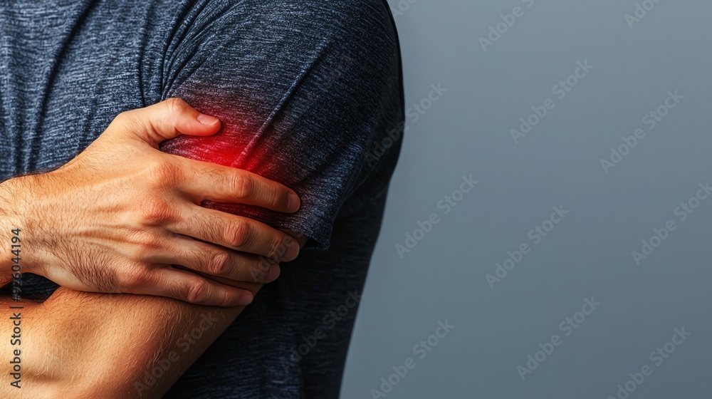 Macro view of a person stretching a sore arm, showing the constant ache ...