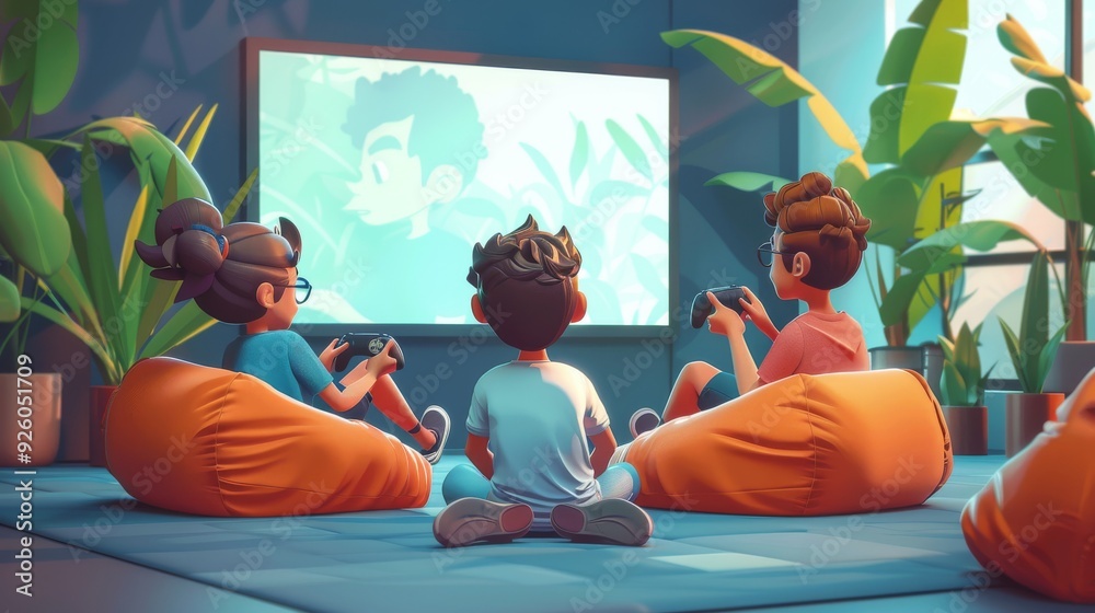 Cartoon Vector Animated teenagers sitting on bean bags ...