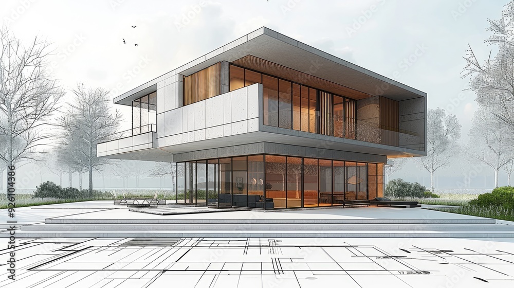 An architectural blueprint with line drawing of a modern house, White ...