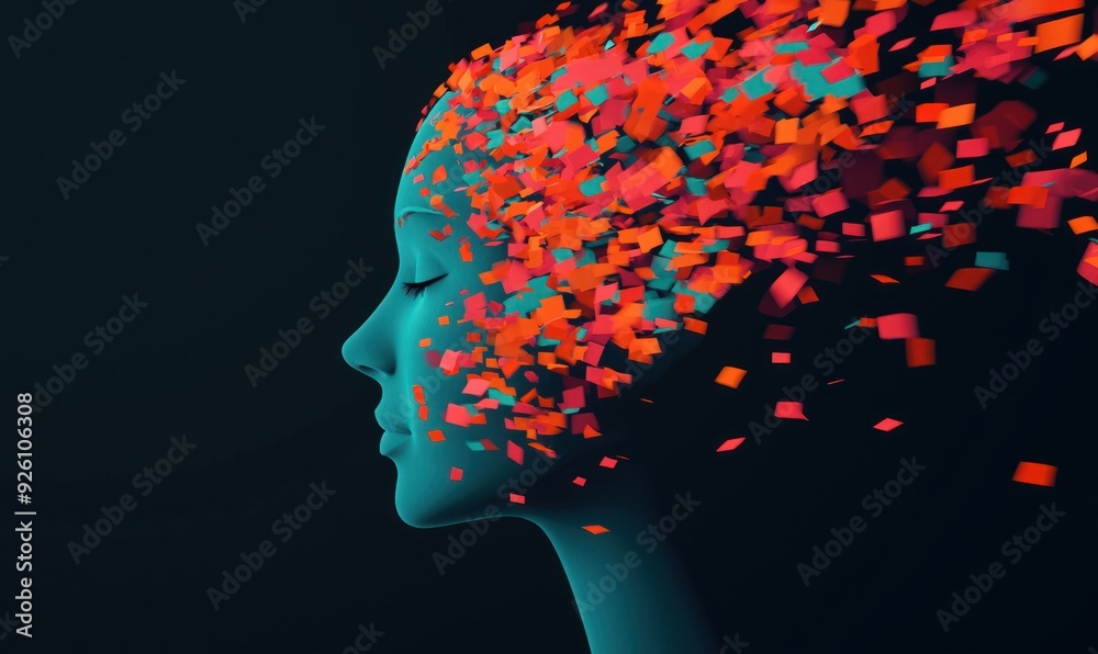 Human head dissolving into a cascade of abstract shapes, Conceptual ...