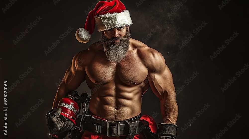 Sexy shirtless and muscular Santa as a firefighter, posing on a plain ...