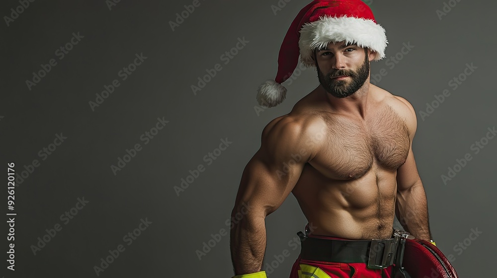 Sexy shirtless and muscular Santa as a firefighter, posing on a plain ...