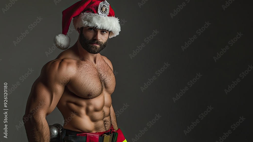 Sexy shirtless and muscular Santa as a firefighter, posing on a plain ...