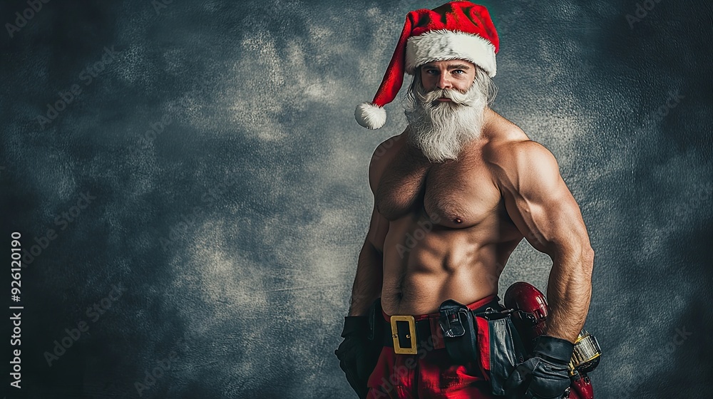 Sexy shirtless and muscular Santa as a firefighter, posing on a plain ...