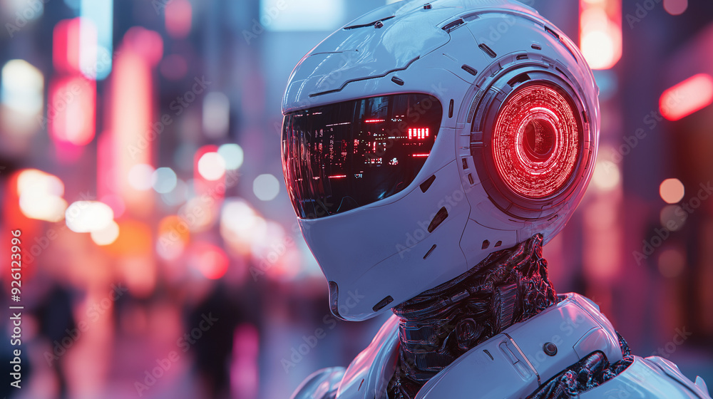 A futuristic looking robot wearing a helmet with red lights. This image ...