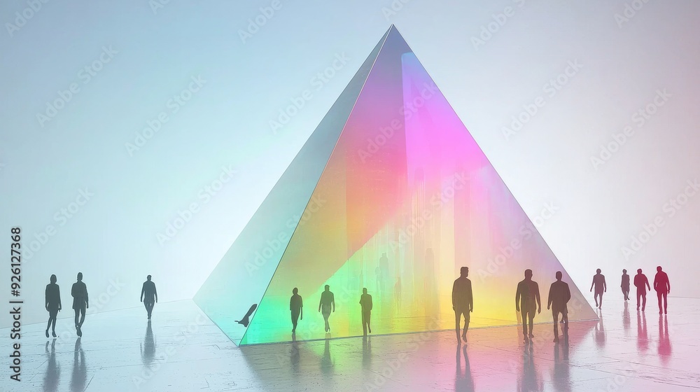 Key visual image of a big prism pyramid in the center of a glass city ...