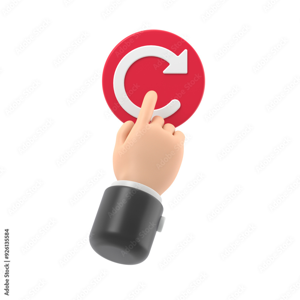 Reboot concept. Restarting technology. Hand to push big red button. 3d ...