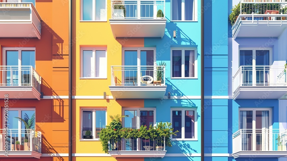 Colorful apartment building facade with balconies and greenery. Stock ...
