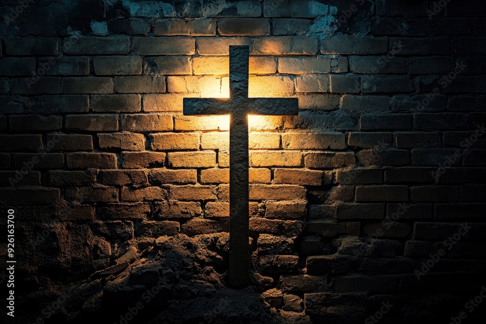 Lighted Cross Background. Back lit cross on a brick background with ...