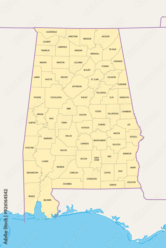 Alabama, U.S. state, political map with borders and county names. State ...