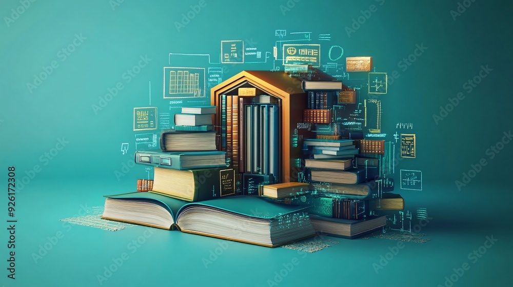 A conceptual illustration blending physical books with digital data ...