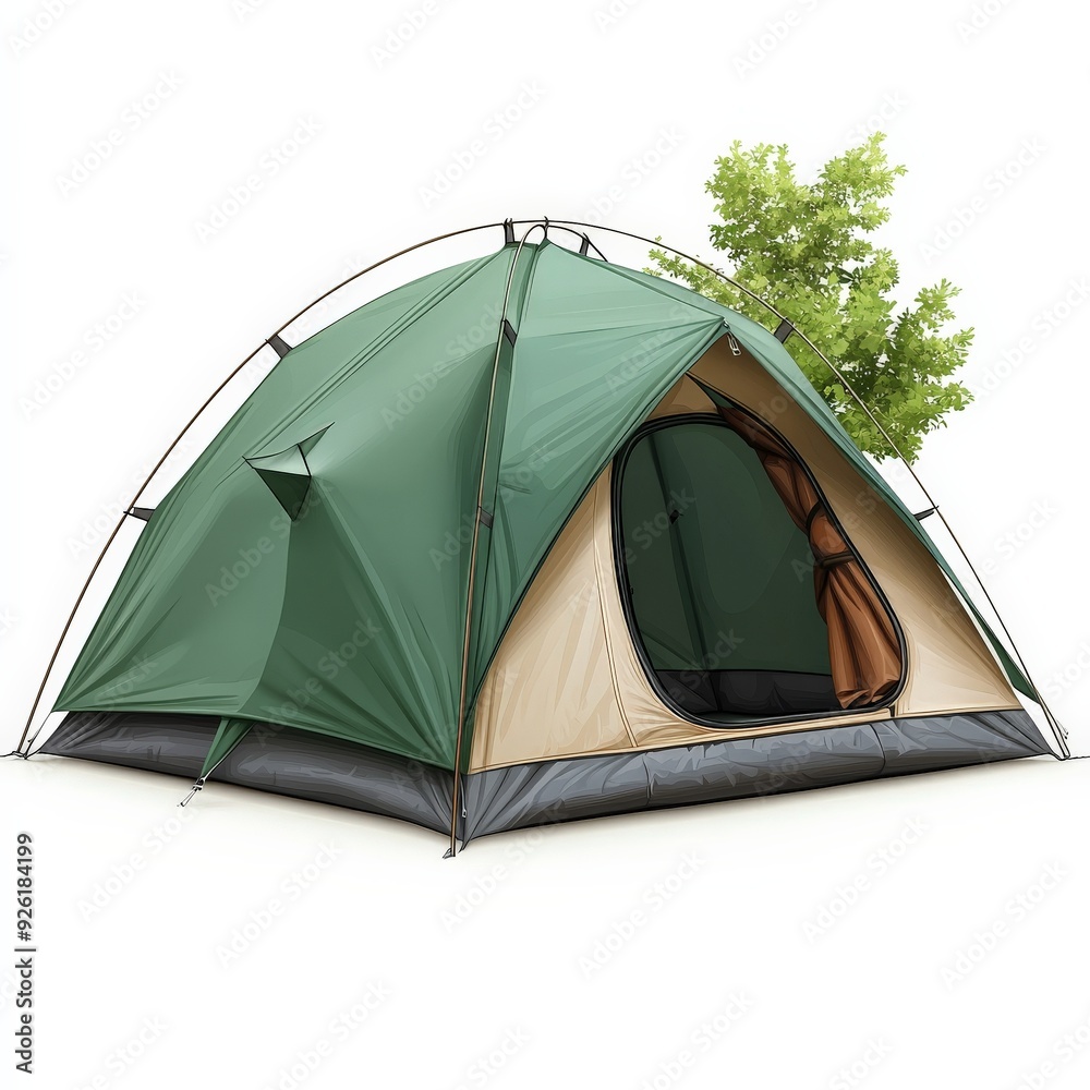 single camping tent clipart, outdoor element, pitched, green, isolated ...