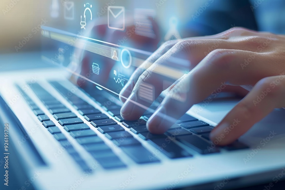 Man hands are typing on a laptop keyboard, with futuristic digital ...