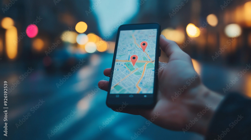 Close-up of a male hand holding a smartphone displaying an online map ...