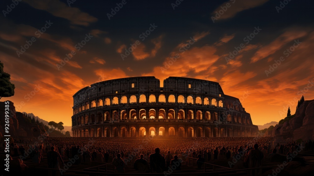 The silhouette of an ancient amphitheater with its tiered seating and ...