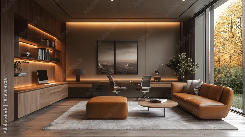 Professional workspace with a clean, minimalistic design, featuring ...