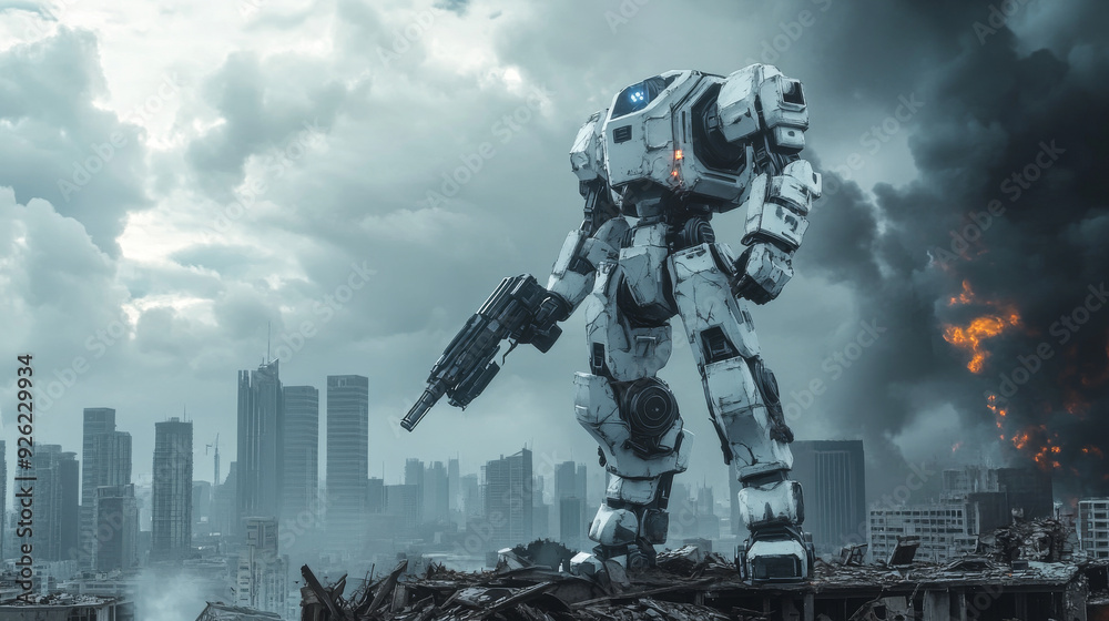 3D illustration of a sci-fi mech in an attacking pose, standing amidst ...