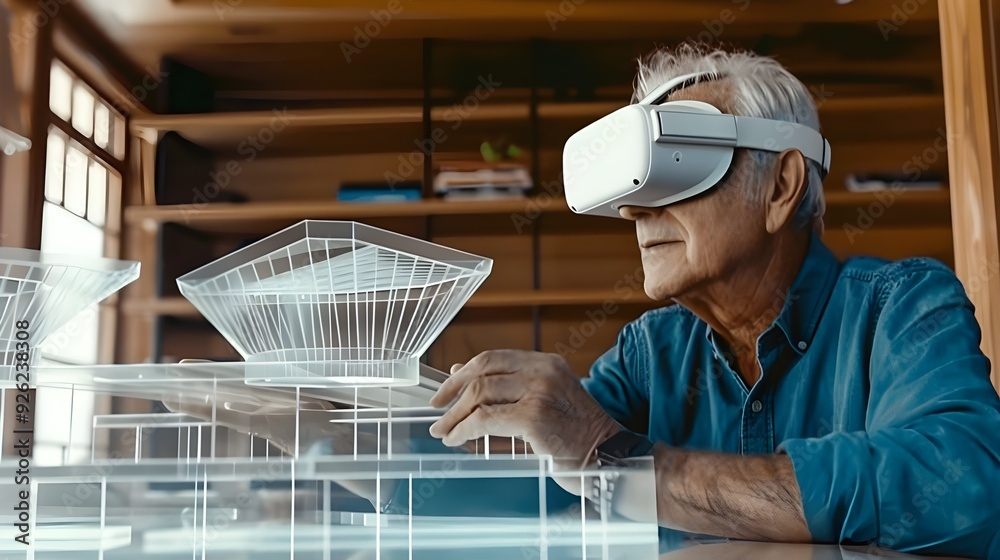An architect, wearing an Apple Vision Pro VR headset, examines a scaled ...