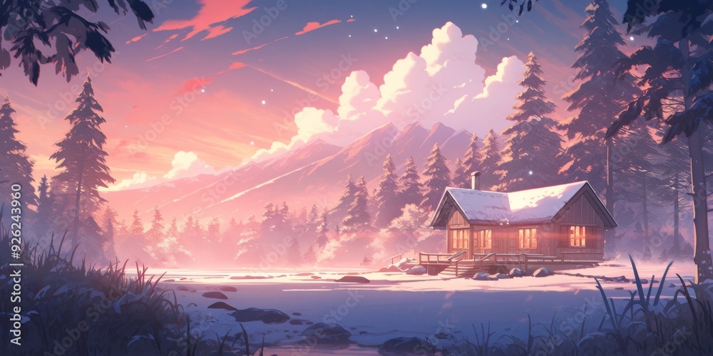 Enchanting Anime-Style Winter Retreat: A Cozy Mountain Cabin Amidst ...