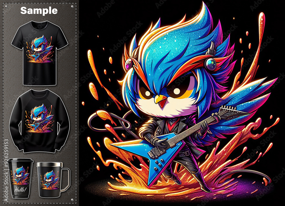 T-Shirt design: A vibrant, electrifying bird character passionately ...