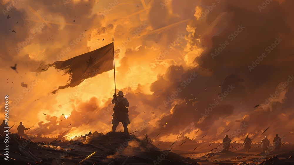 Silhouetted soldier raises a tattered flag against a dramatic sunset ...